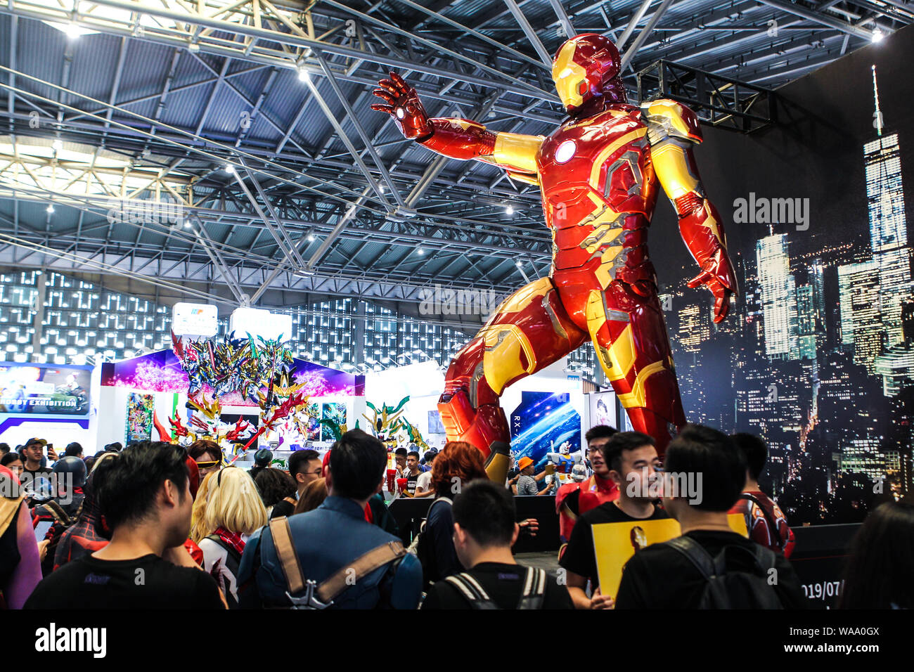 A huge sculpture featuring shape of Iron Man is displayed during the ...