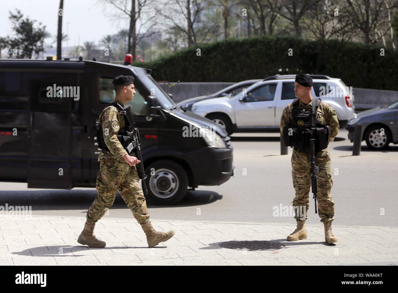 Beirut, Lebanon - 9 April, 2019: Two armed Lebanese soldiers patrol a ...