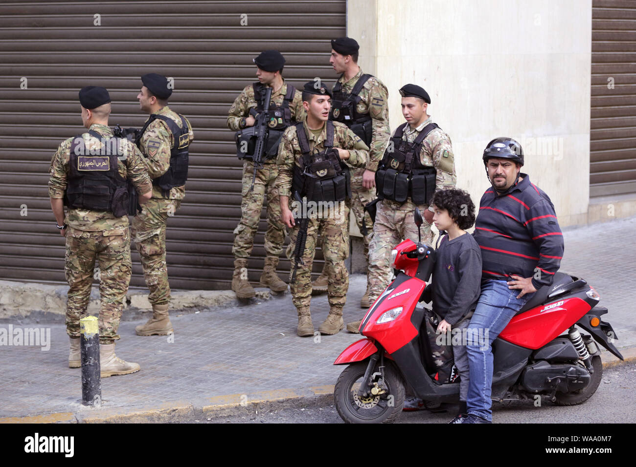 Beirut, Lebanon - 9 April, 2019: Armed Lebanese soldiers patrol a ...