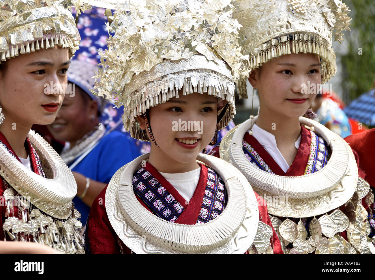 Chinese people of Miao ethnic group wearing traditional costumes and ...