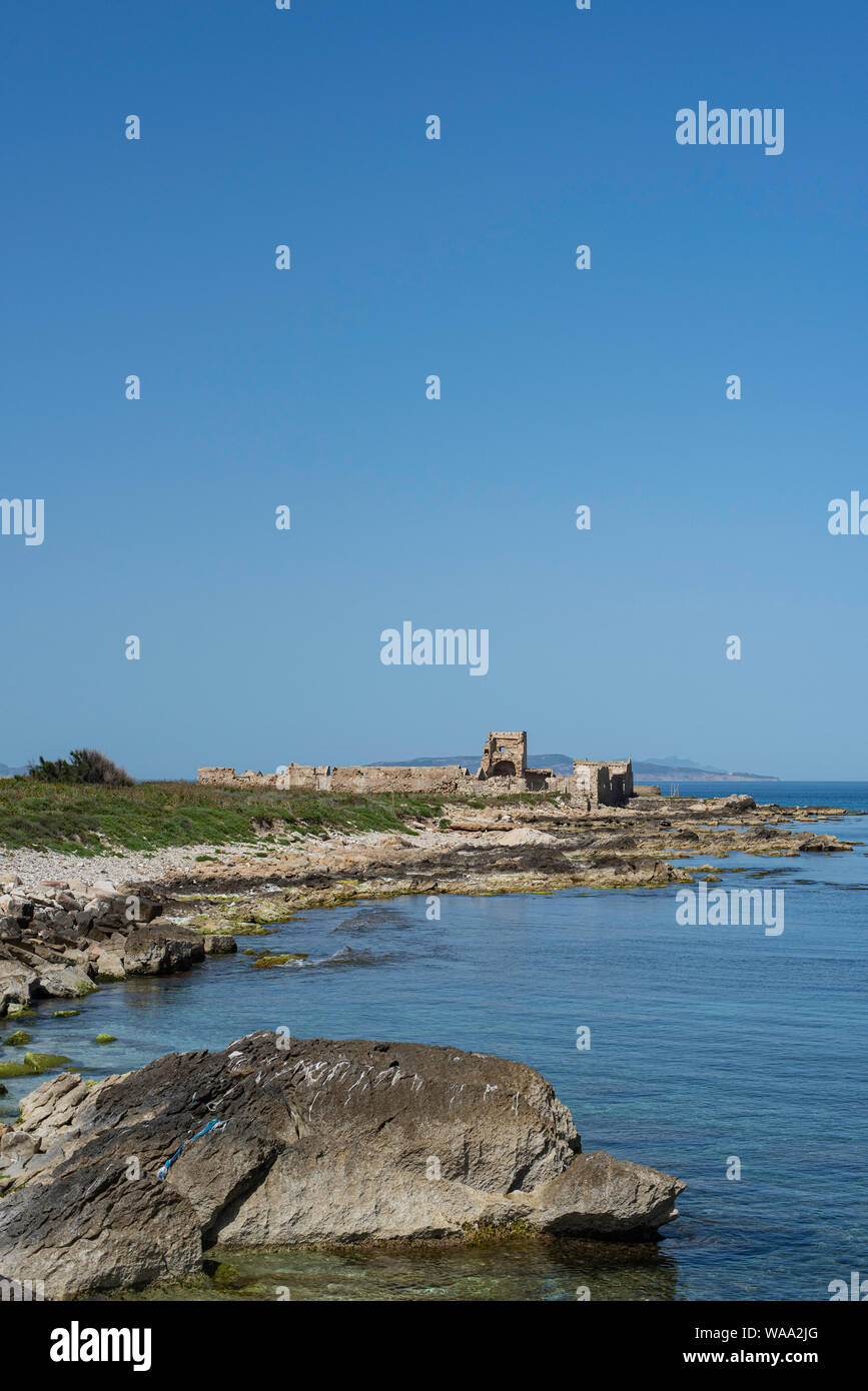 View of the ruins of the old San Giuliano tuna cannery situated between ...