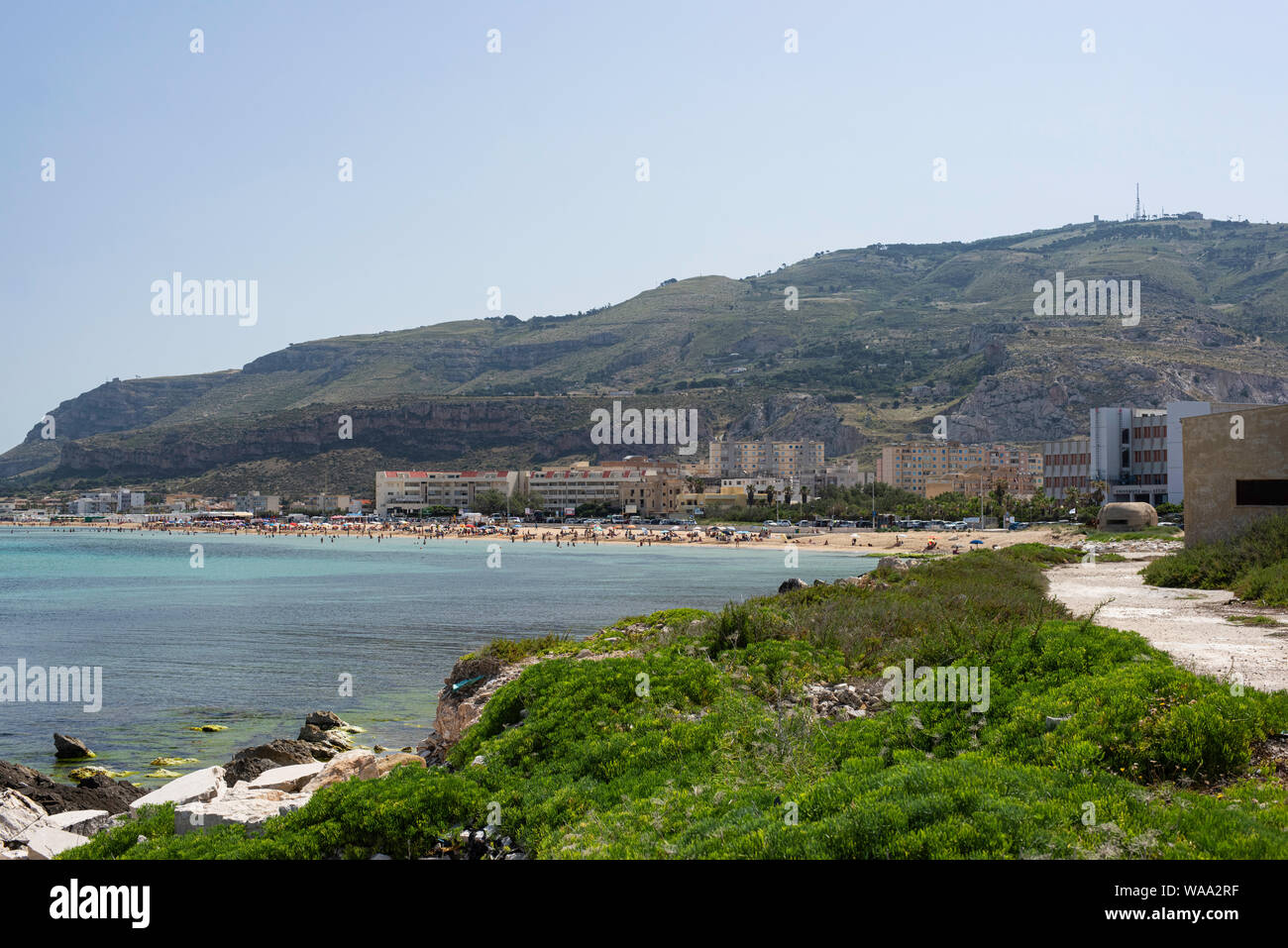 View from the ruins of the old tuna cannery towards Erice Beach and ...