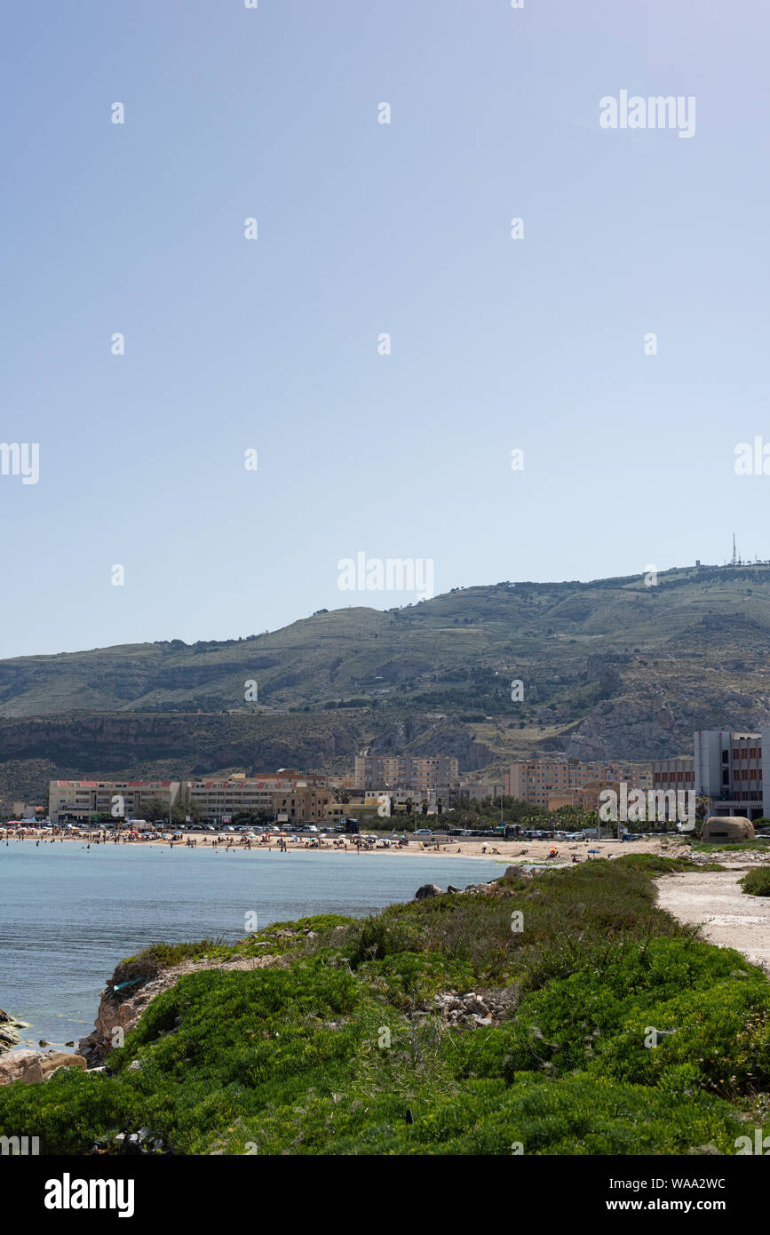 View from the ruins of the old tuna cannery towards Erice Beach and ...