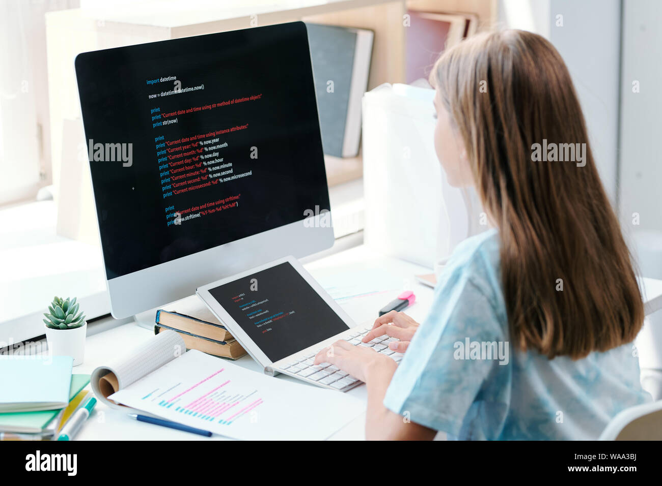 Pretty schoolgirl with long brown hair sitting in front of computer ...