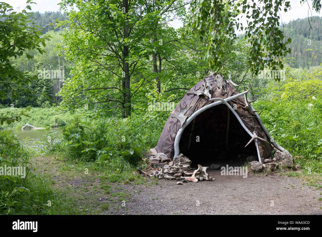 Hut or hovel made of animal skins and bones. Reconstruction of the ...