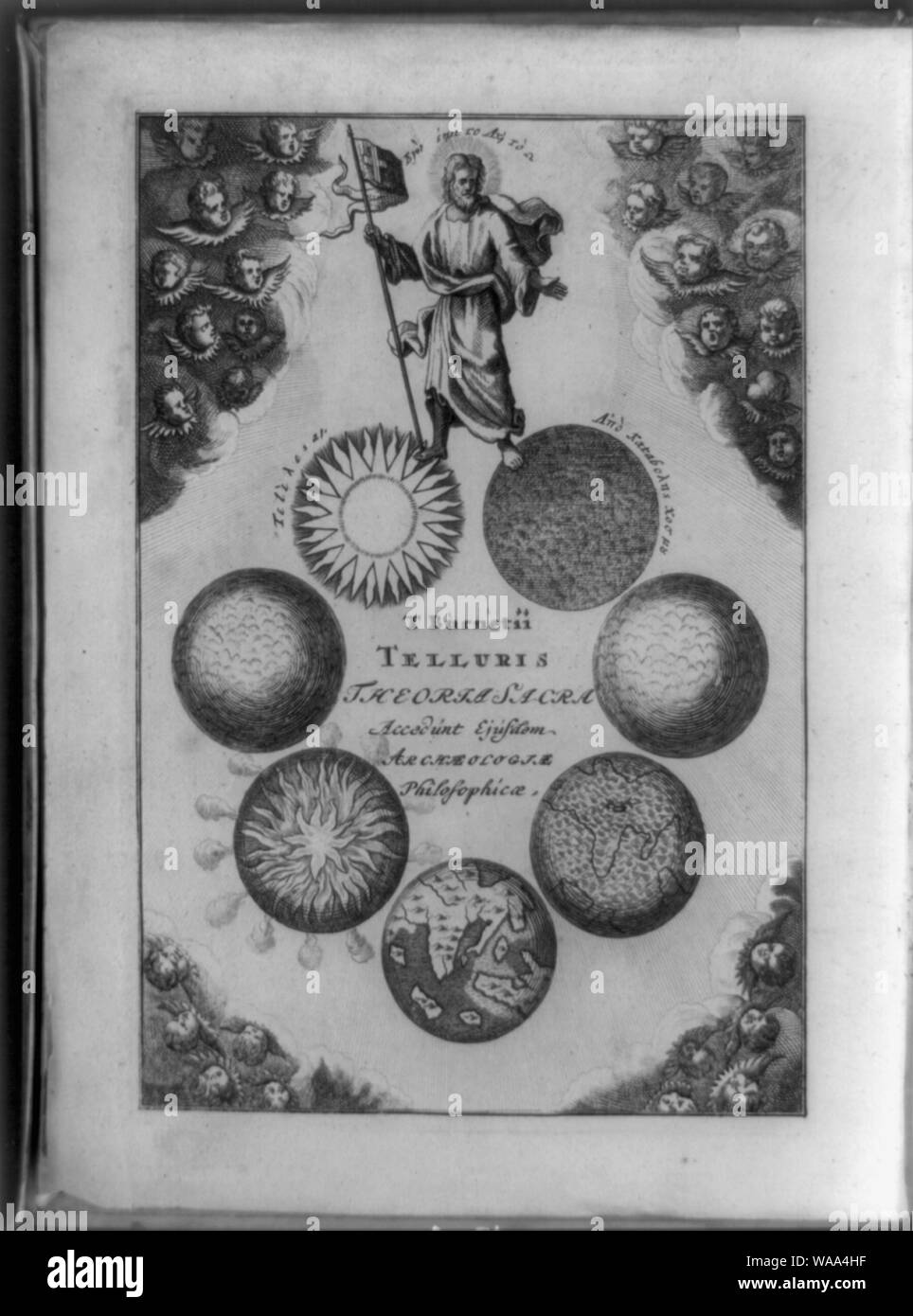 Christ standing above views of the earth showing its formation and ...