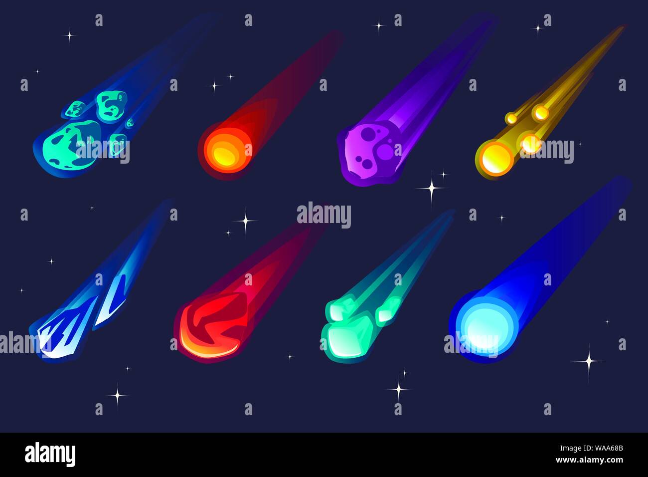 Set of meteors and comet with different colors and shapes flat vector ...