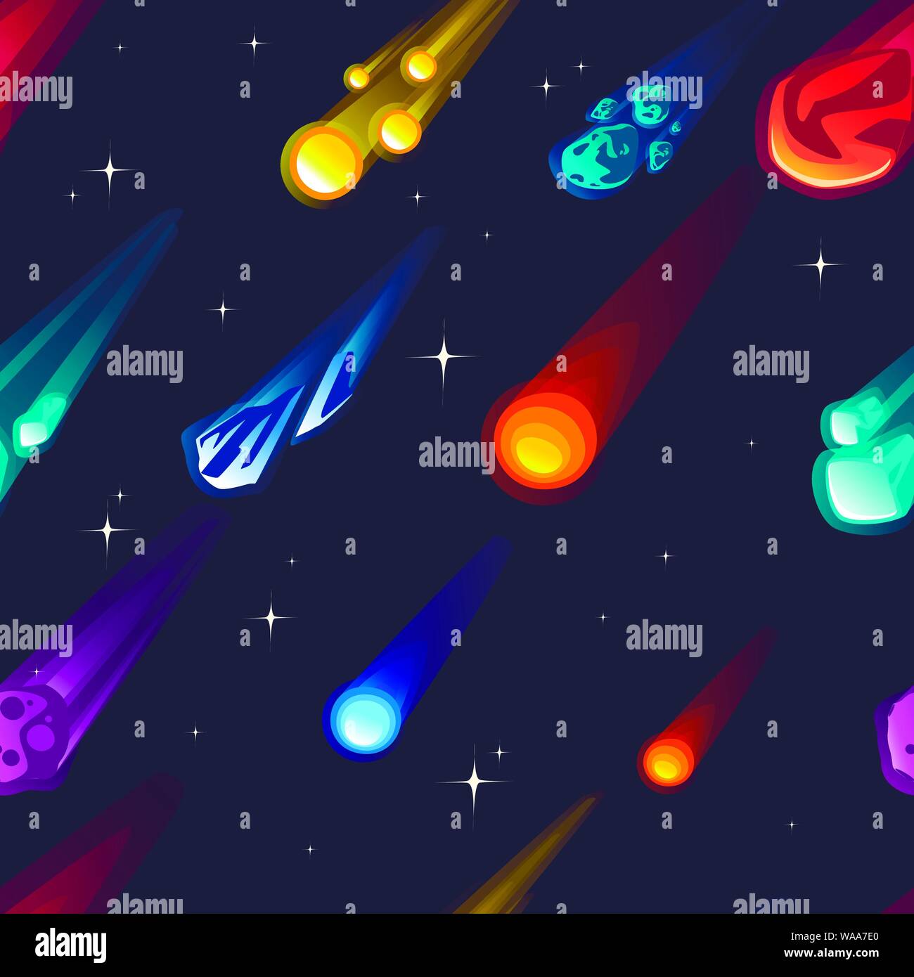 Seamless pattern of meteors and comet with different colors and shapes ...