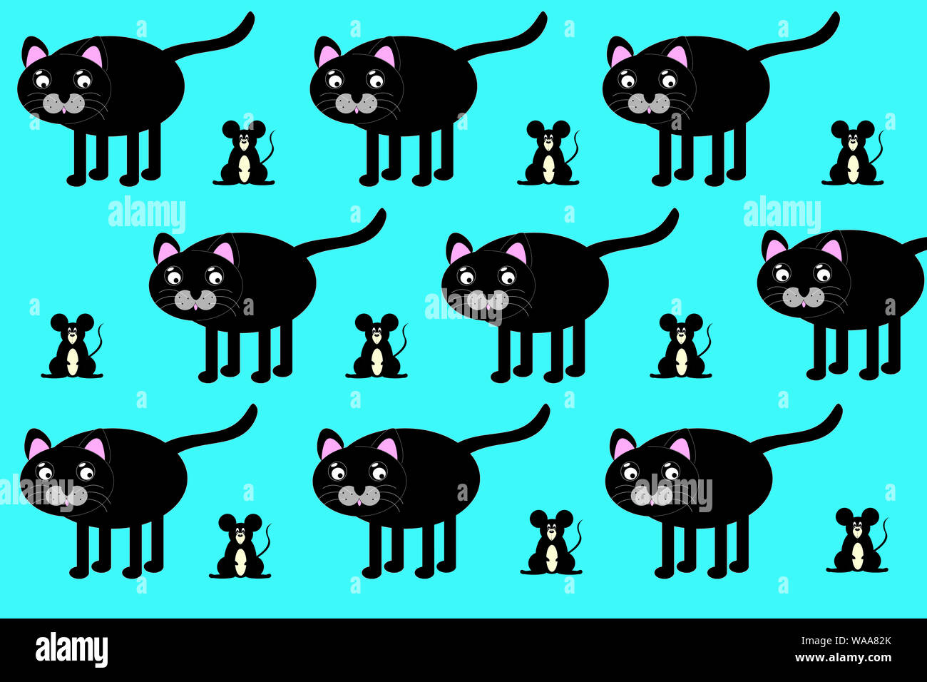 Kawaii illustration. Repeating silhouettes of cat and mouse on light ...