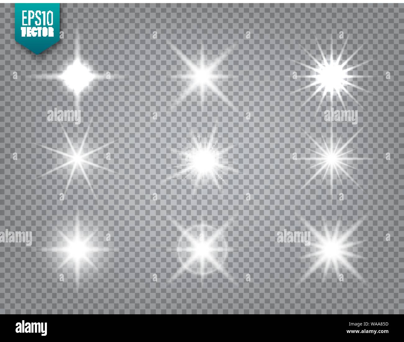 Glowing light on transparent background collection. Lens flare effect ...