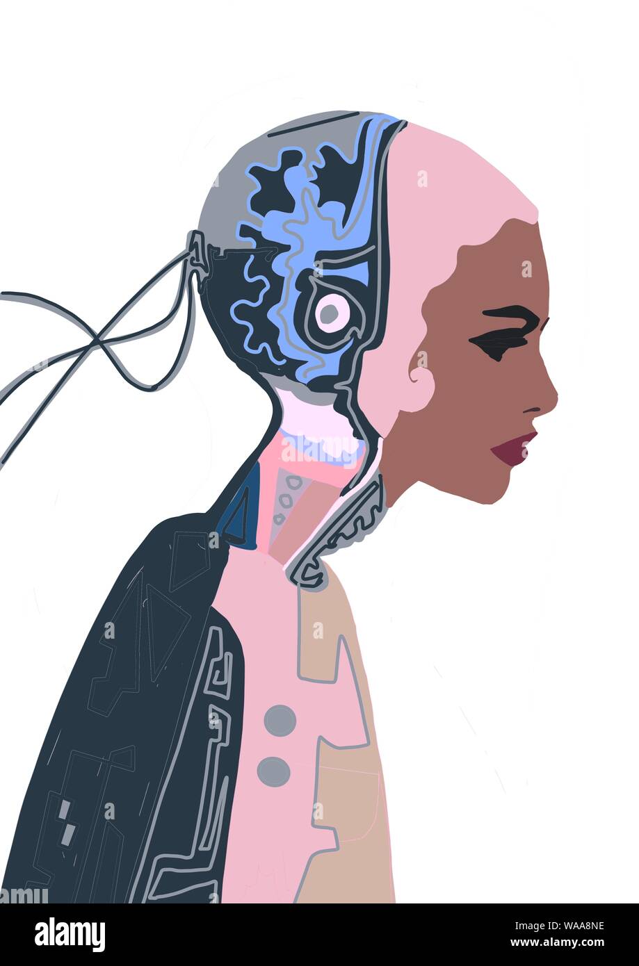 Illustration of beautiful woman cyborg face from side. Half human and ...