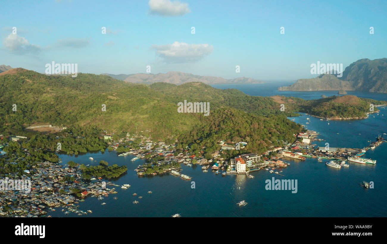 sea port, pier, cityscape Coron town with boats on Busuanga island ...