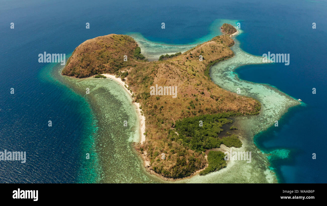 Aerial drone tropical island with lagoons and coral reef, beach, in the ...