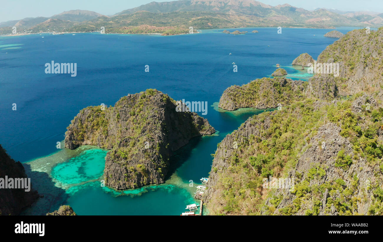 Aerial drone lagoons and coves with blue water among the rocks. lagoon ...