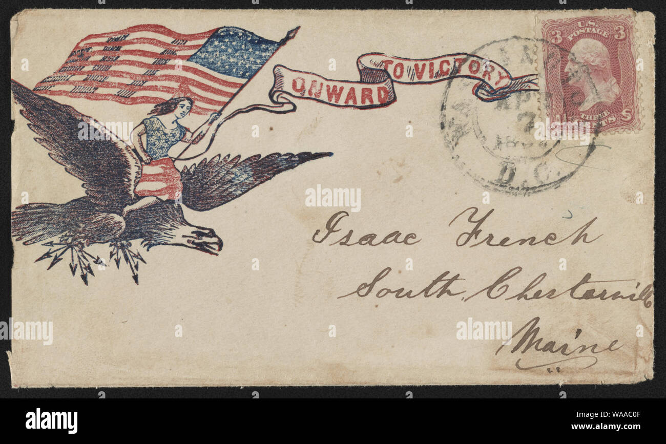 Civil War envelope showing Columbia waving American flag and riding on ...
