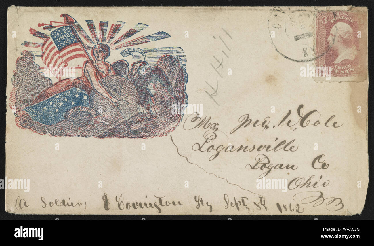 Civil War envelope showing Liberty holding a flag Stock Photo - Alamy