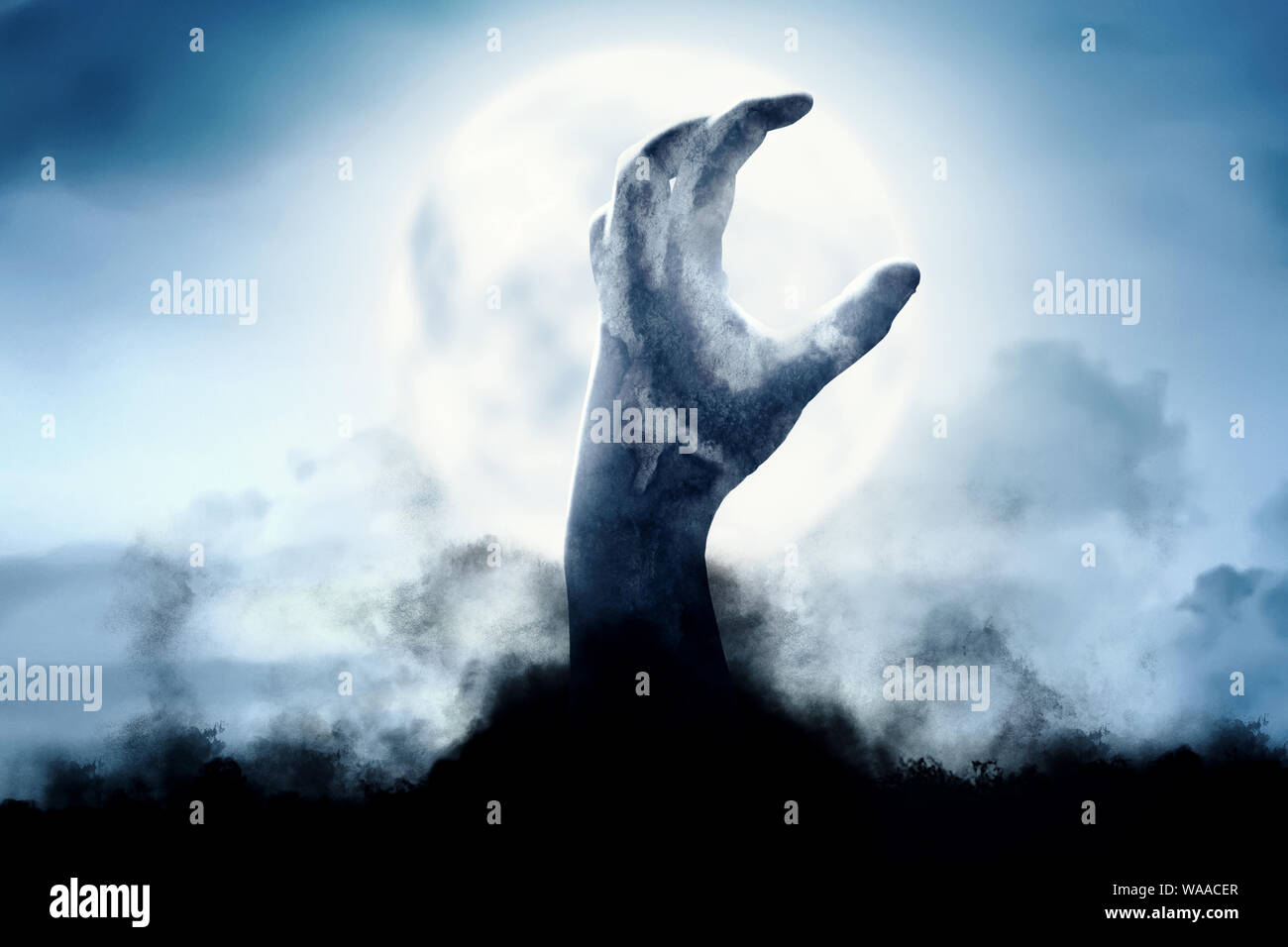 Rise of zombies hand from the ground at night. Halloween concept Stock ...