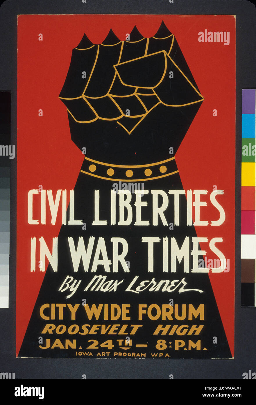 Poster for a lecture by max lerner at roosevelt high hi-res stock ...