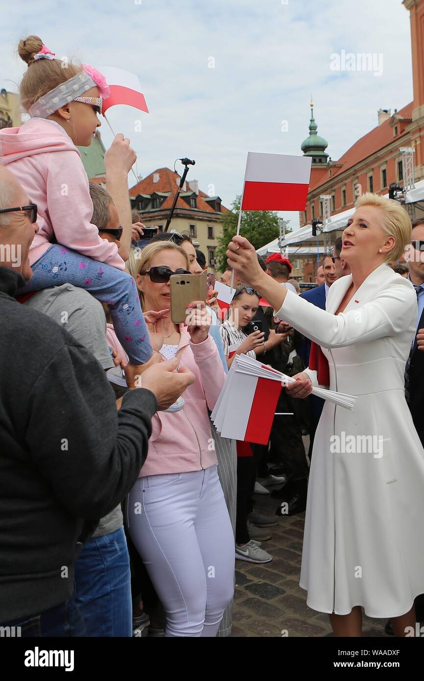 May 2nd , 2018 Castle Square in Warsaw, Poland. Polish National Flag ...