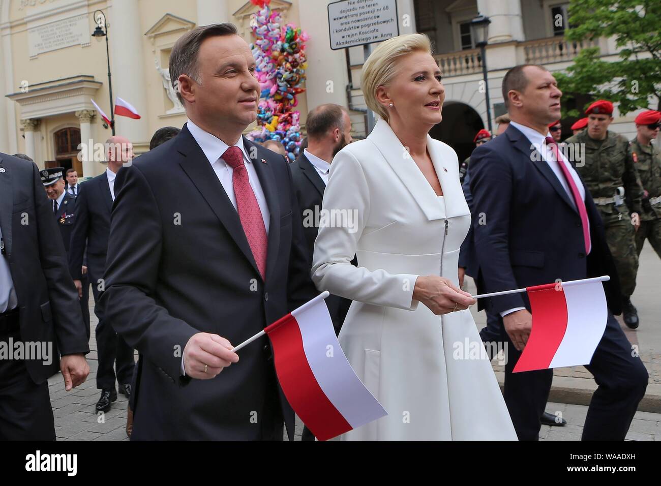 May 2nd , 2018 Castle Square in Warsaw, Poland. Polish National Flag ...