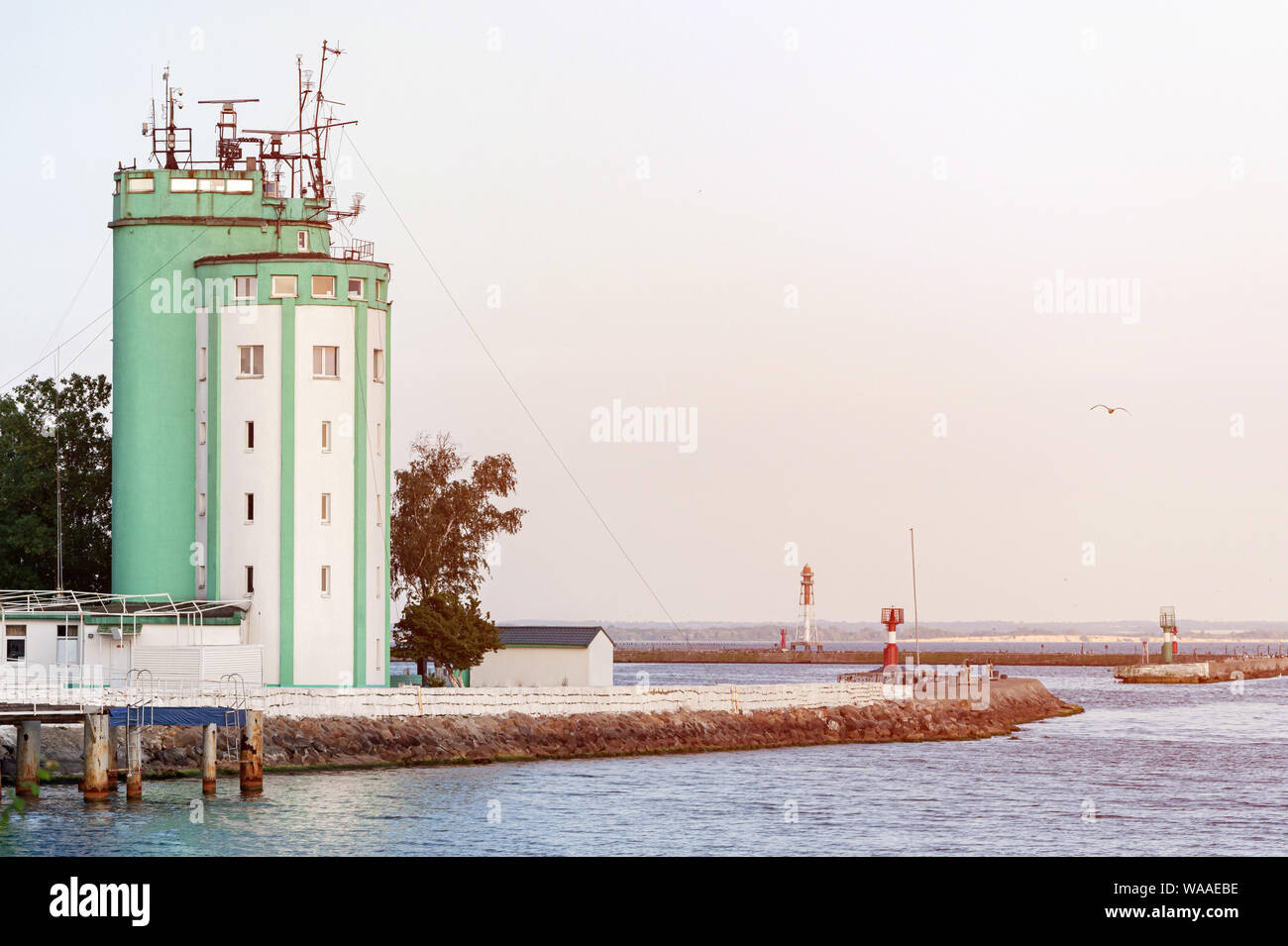 Pilot tower in seaport. Sea traffic control and ships management. Tower ...