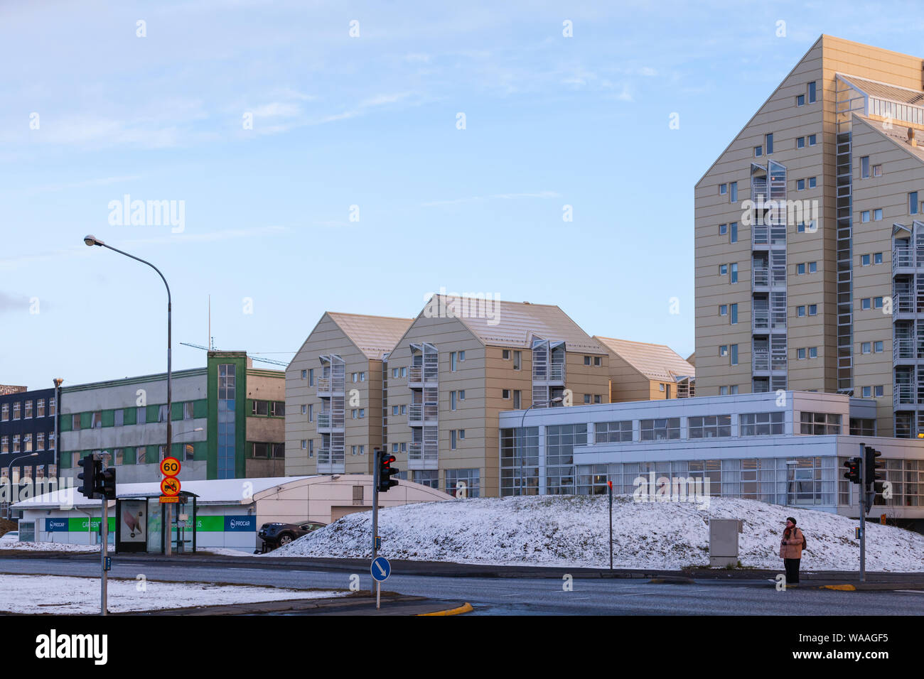 Reykjavik, Iceland - April 3, 2017: Street view with modern living and ...