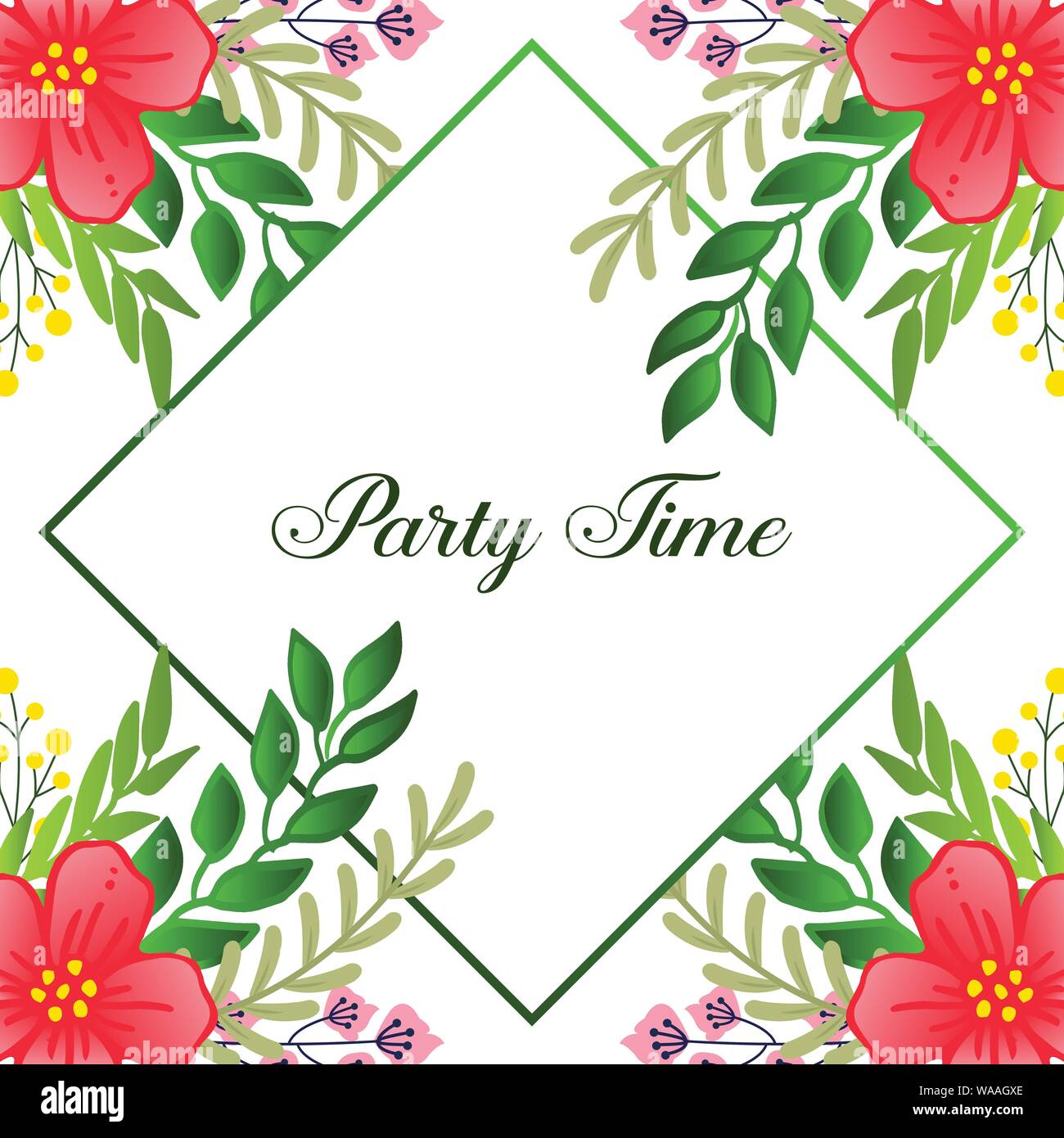 Party time card modern, with motif of leaf flower frame. Vector ...