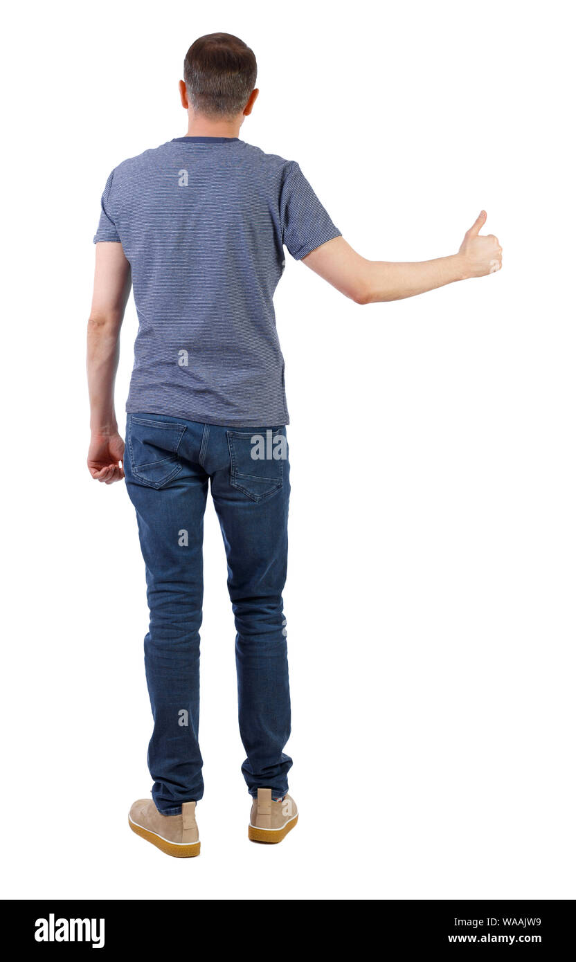 Back view of a man showing thumb up. Rear view people collection ...