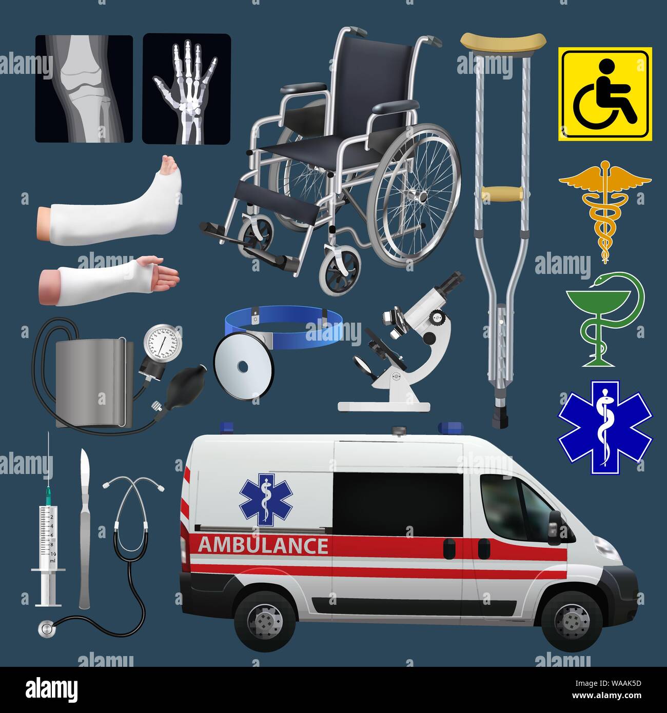 Medical set. Means of transportation, tools and devices. Health and ...