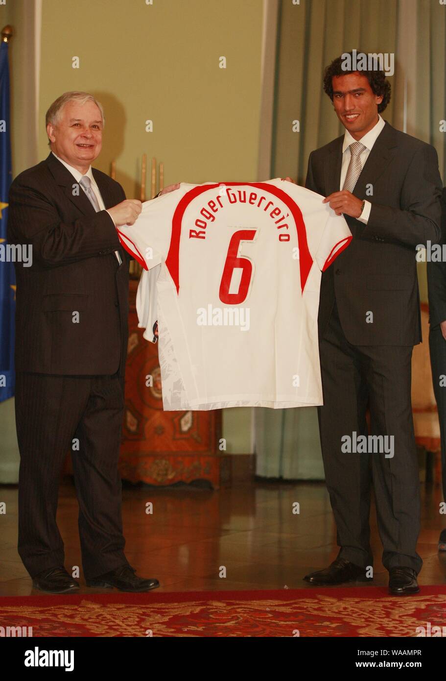 Warsaw, Poland 17.04.2008 Pictured: President Lech Kaczynski, football ...