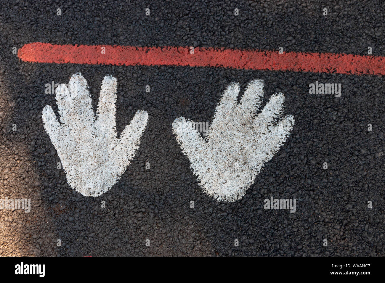 A close up view of white painted children's hands on a tar drive way ...