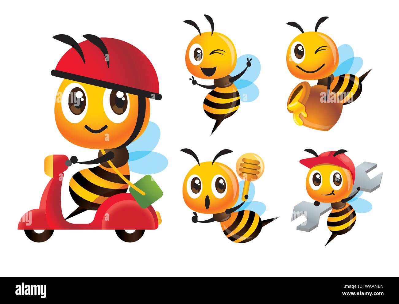 Cartoon cute bee vector mascot variety poses set. Cartoon cute bee ...