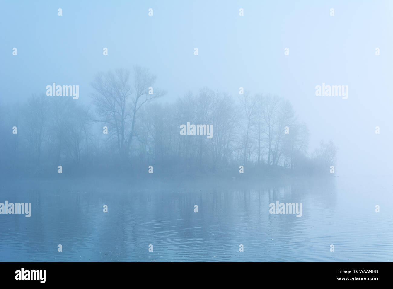 Autumn island in the fog Stock Photo - Alamy