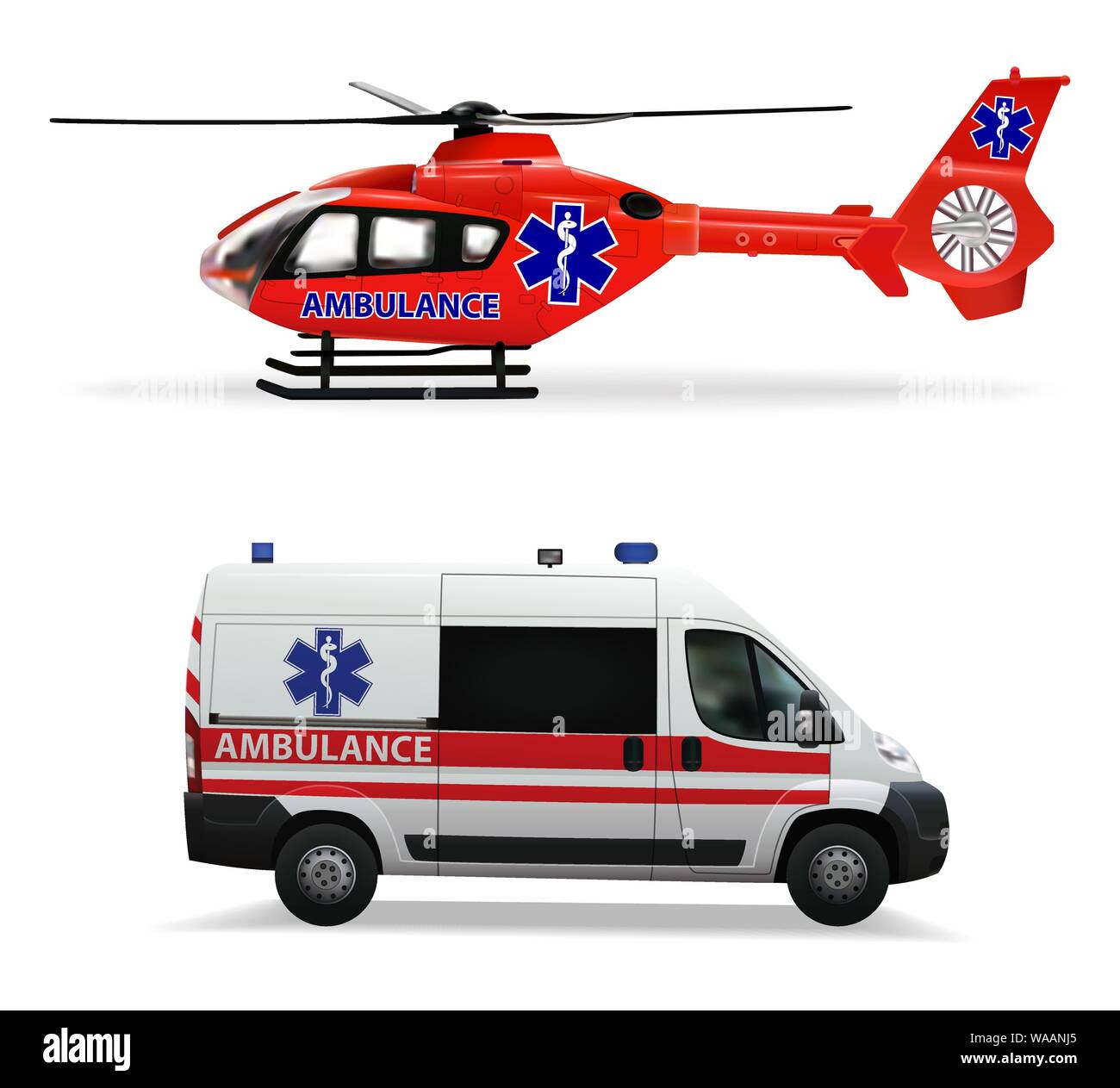 Ambulance helicopter and ambulance car. air and ground transportation ...