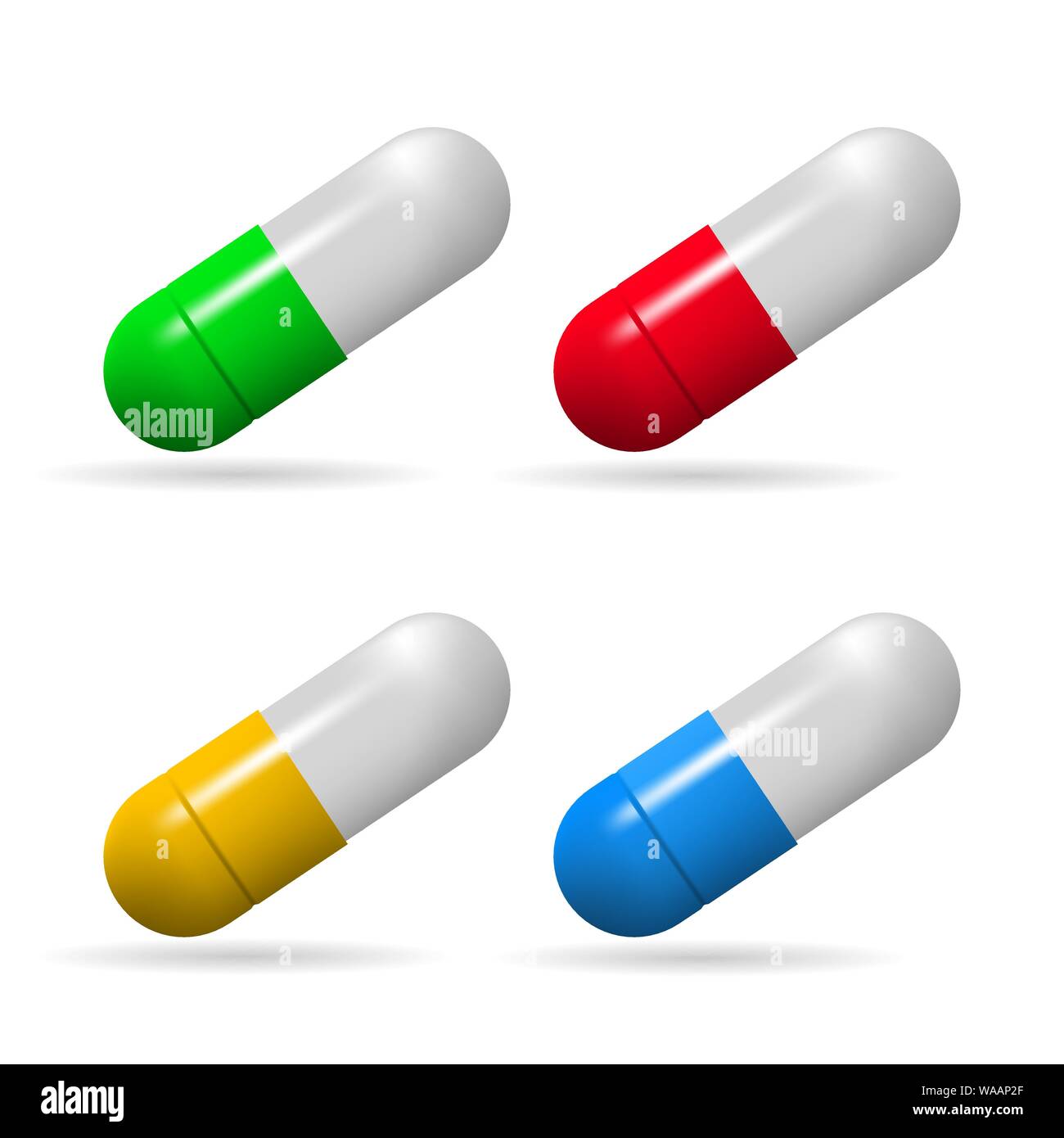 Medicinal capsules. Set of capsules of different colors on a white ...