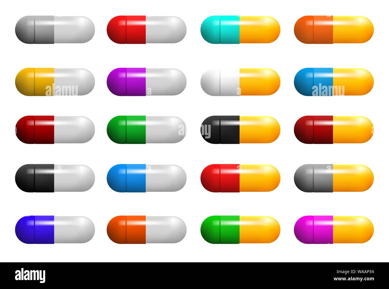 Set of medical capsules. Pills with multicolored shells. Colored ...