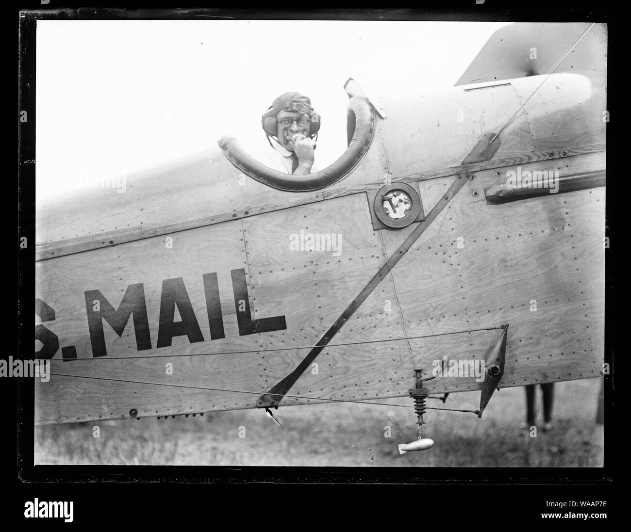 Close-up of a Post Office Dept. mail plane equipped with the new ...