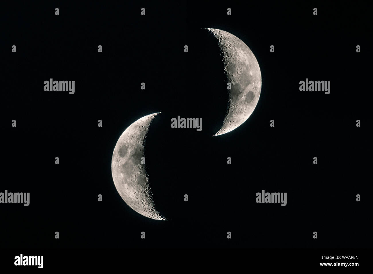 Two half Moons close up concept. Black deep cosmos space background ...