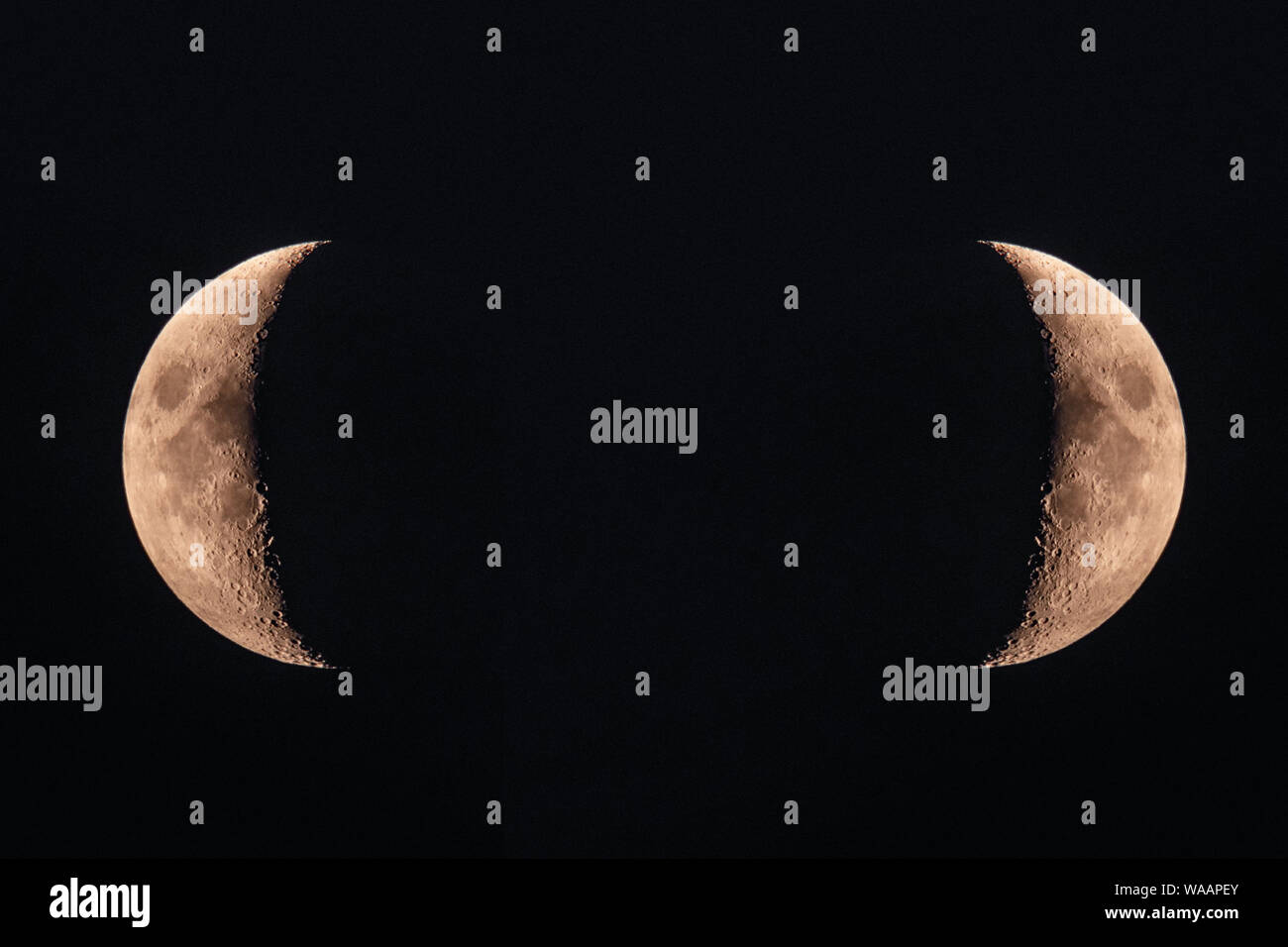 Two half Moons close up concept. Black deep cosmos space background ...