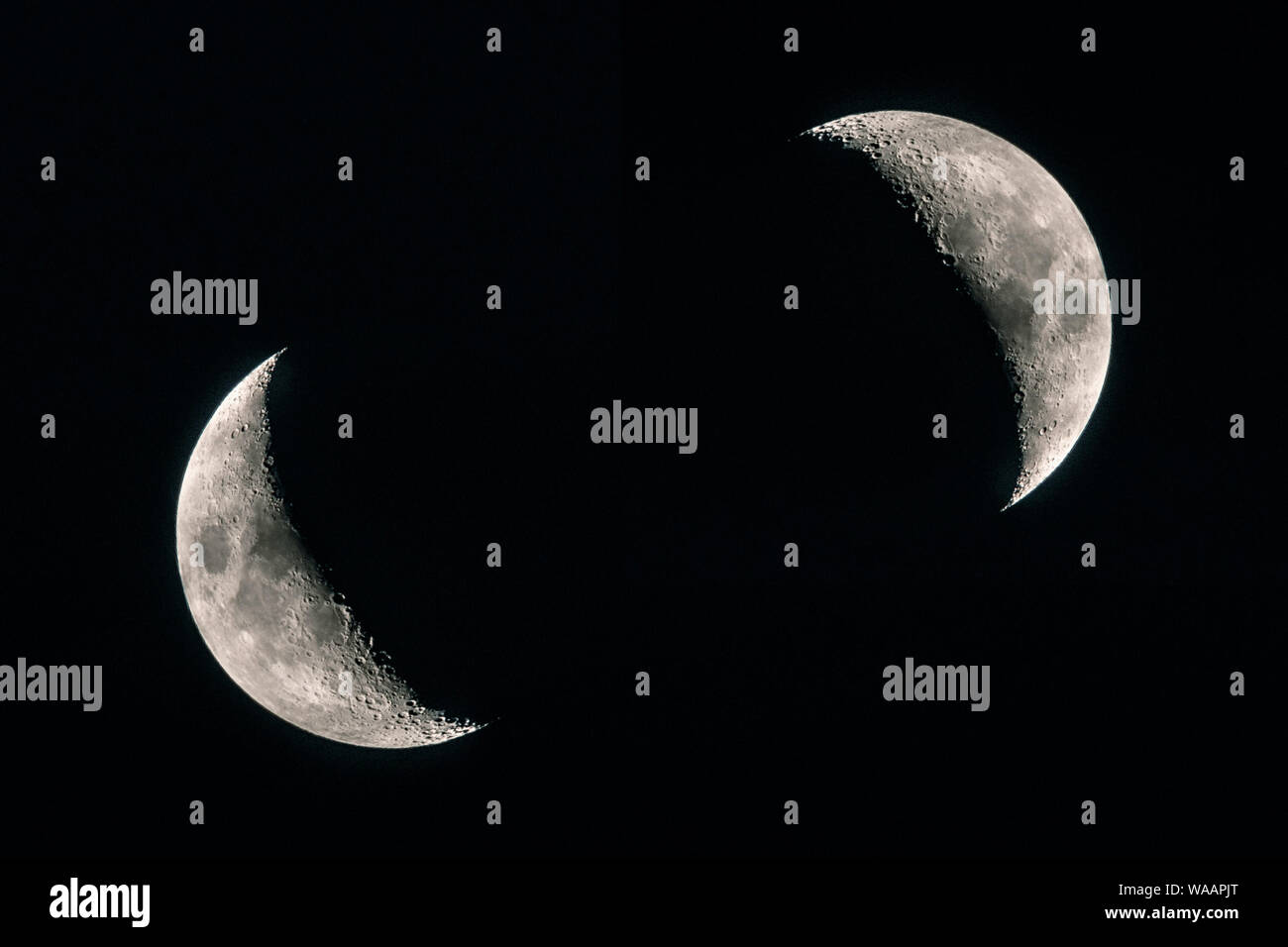 Two half Moons close up concept. Black deep cosmos space background ...