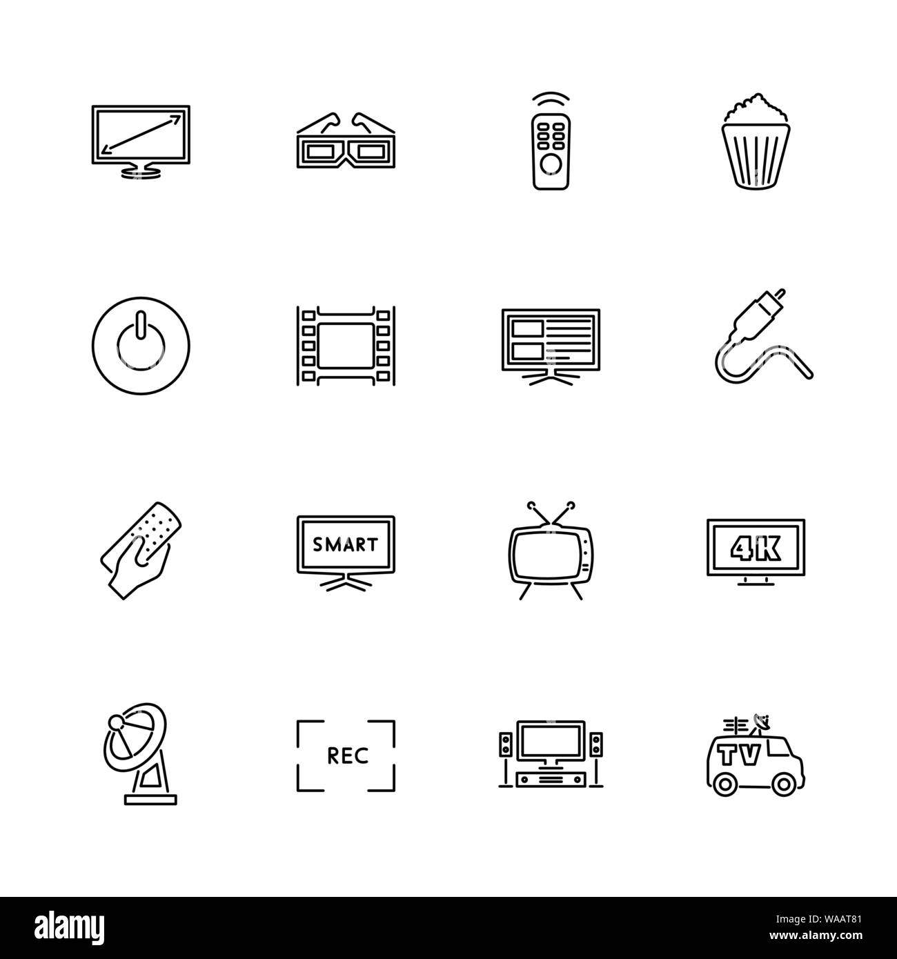 Tv, Television, Video outline icons set - Black symbol on white background. Tv, Television ...