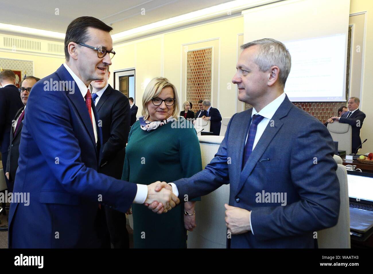 Prime Minister of Poland Mateusz Morawiecki at the Chancellery sitting ...