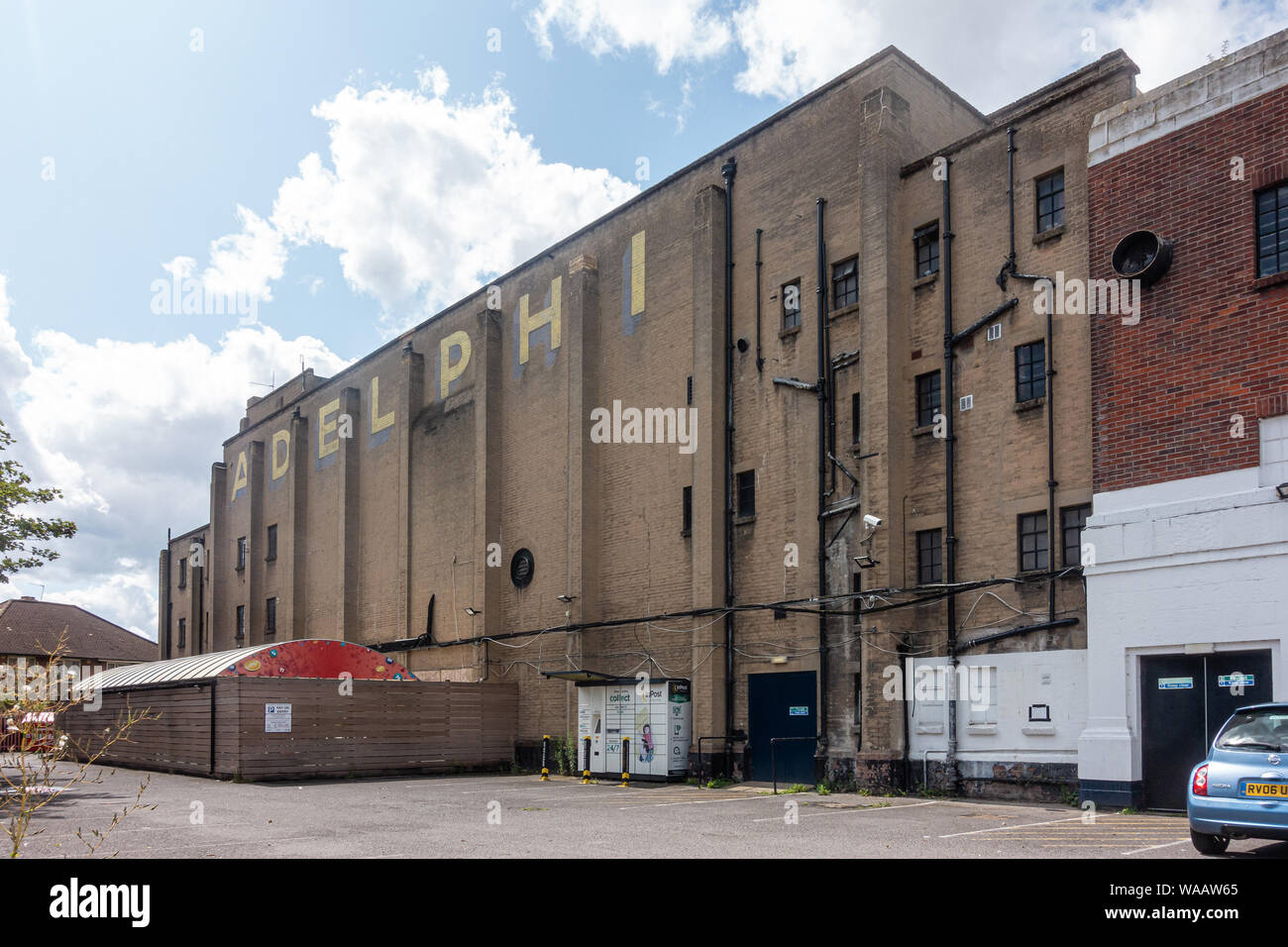 The side of the old Adelphi Thetre on The Bath Road in Slough, UK is ...