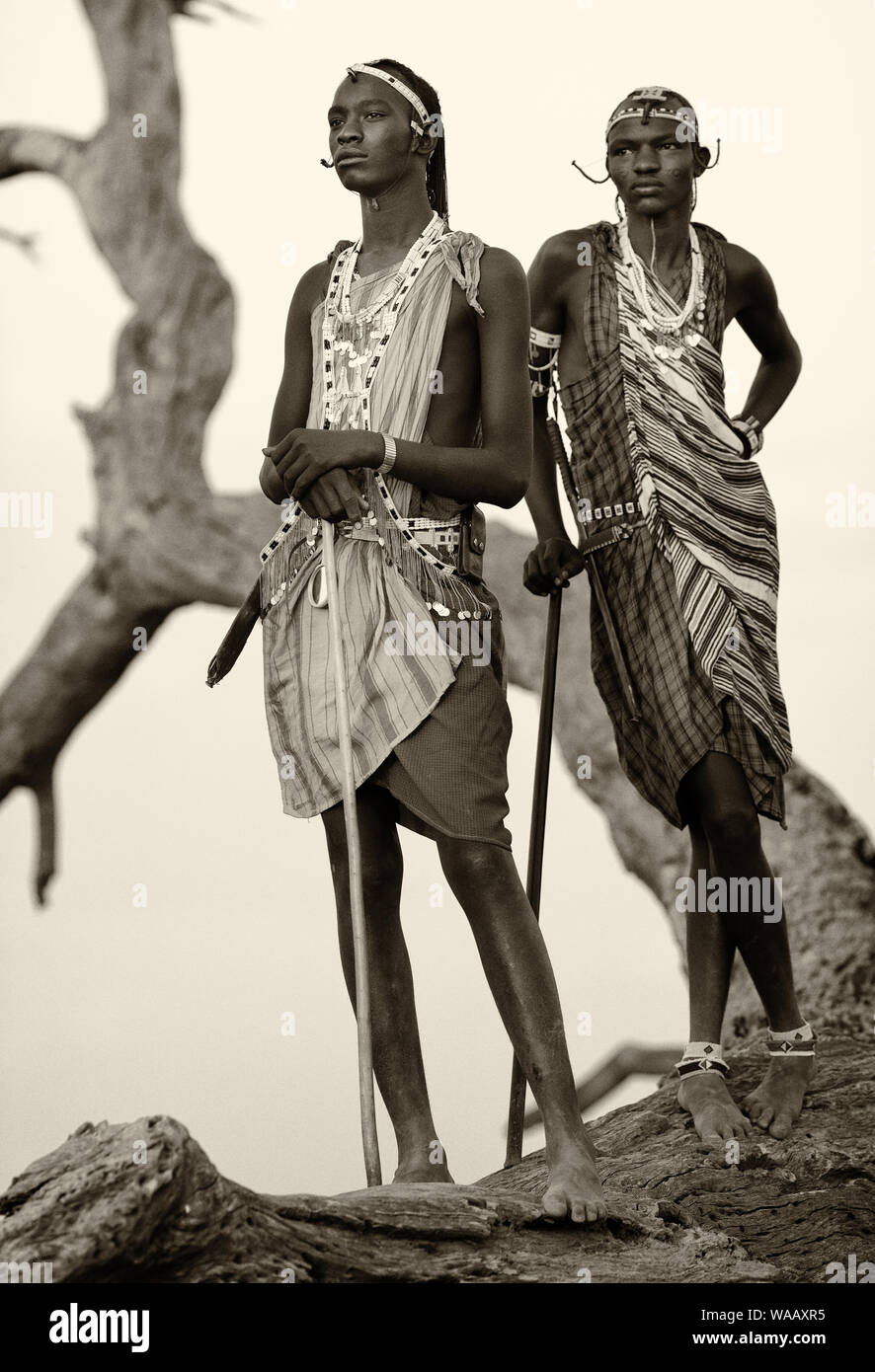 Maasai warrior with traditional headdress and necklace in Loitoktok ...