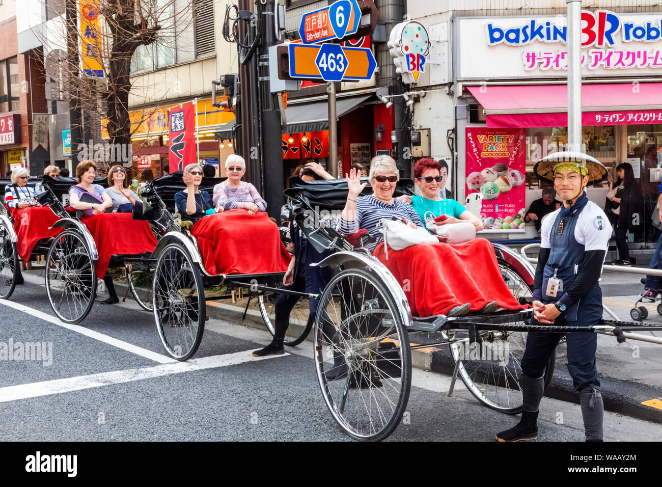 Japan, Honshu, Tokyo, Asakusa, Elderly Western Female Tourists Riding ...