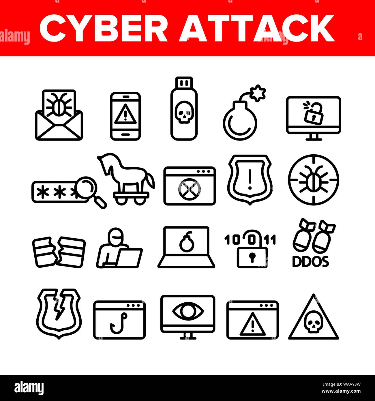Collection Cyber Attack Elements Icons Set Vector Stock Vector Image ...