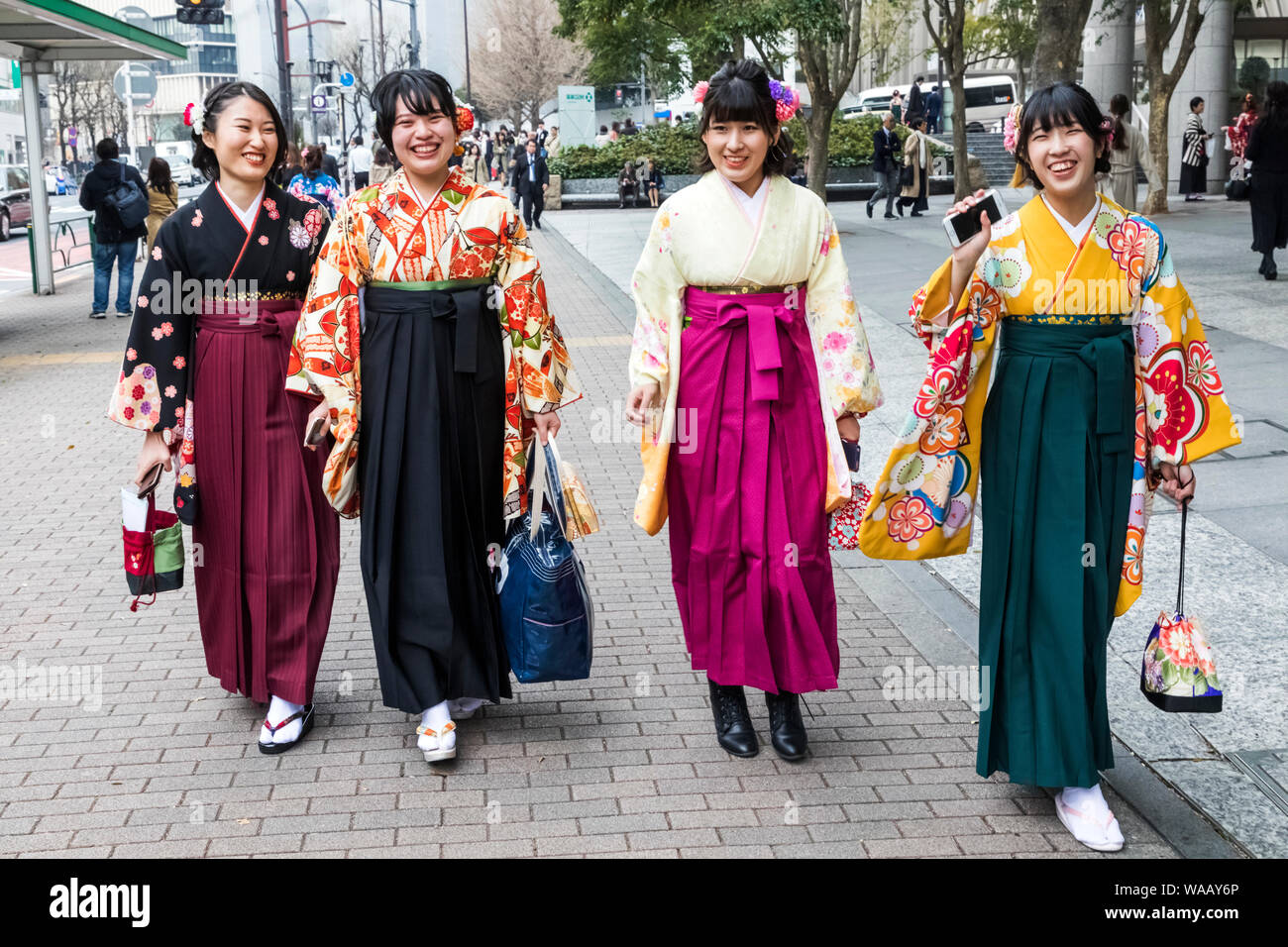 Japan, Honshu, Tokyo, Kudanshita, Female University Students Dressed in ...