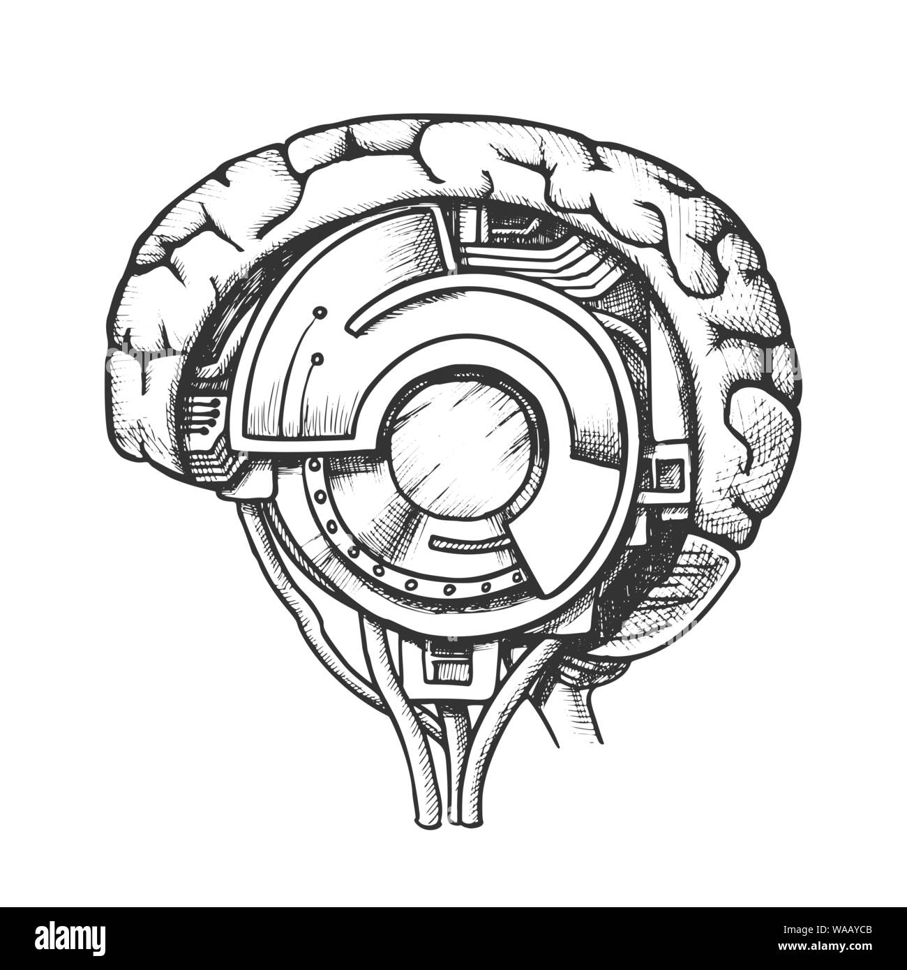 Technology Cyber Brain Side View Monochrome Vector Stock Vector Image ...