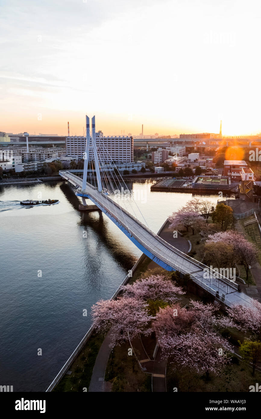 Japan, Honshu, Tokyo, Toyosu, Shinonome, Sakurabashi Bridge at Dawn ...