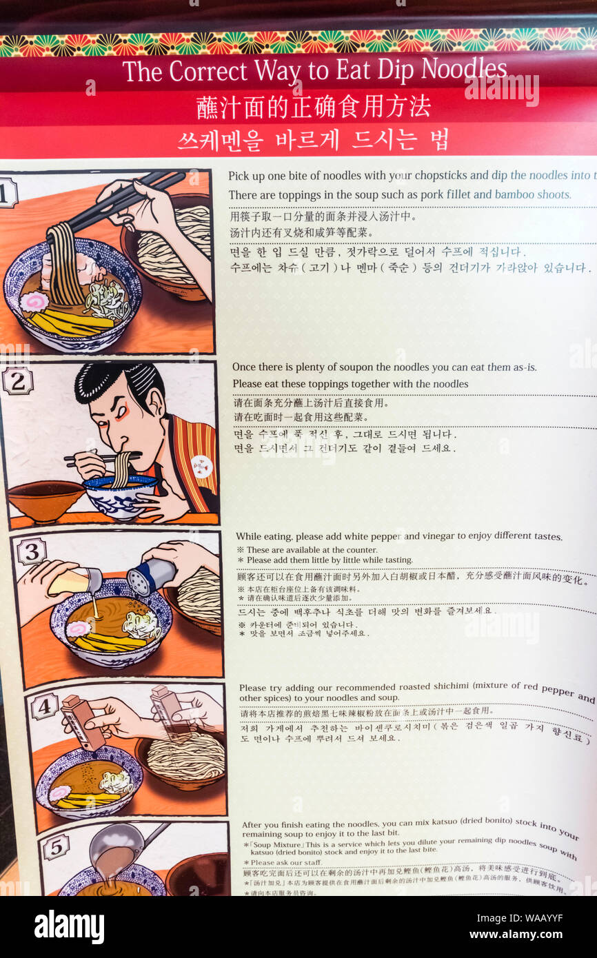 Japan Honshu Tokyo Multilingual Noodle Shop Sign Showing The Correct Way To Eat Noodles